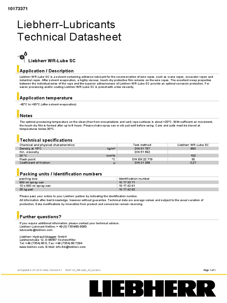 Data Sheet - Liebherr WR - Lube SC | PDF | Viscosity | Materials