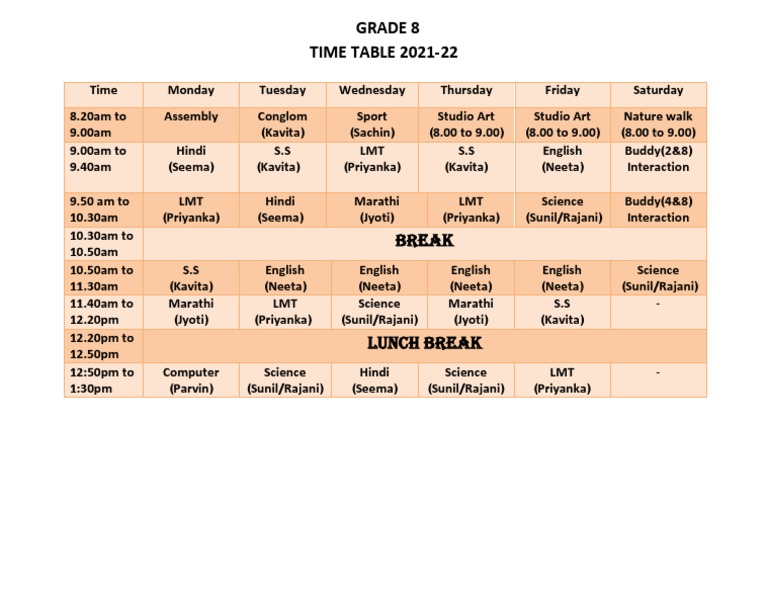 Grade 8 Time Table 2021-22 | PDF