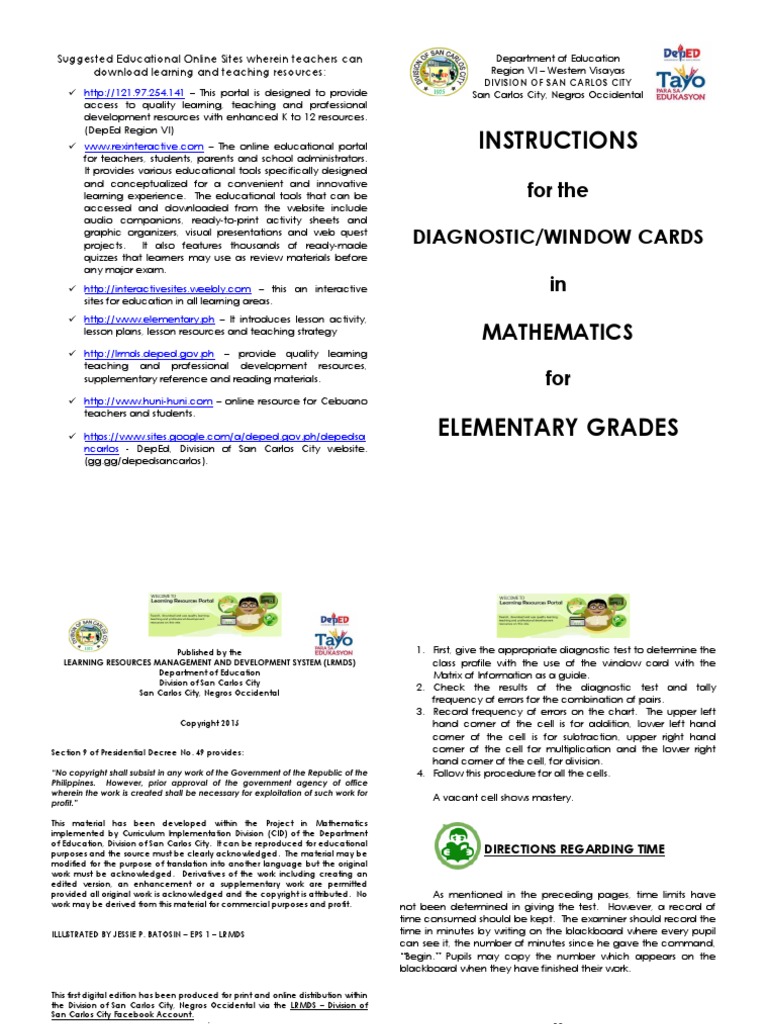 Instructions For The Diagnosticwindow Cards in Mathematics For ...