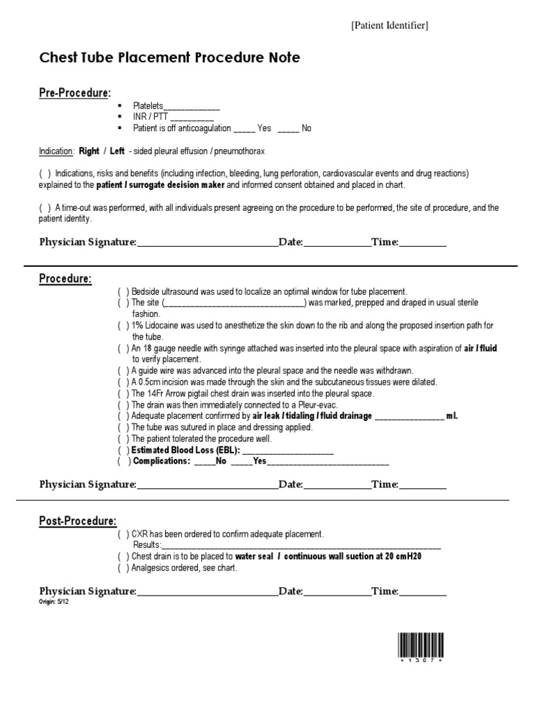 1307 Chest Tube Placement Procedure Note | PDF | Medical Procedures ...