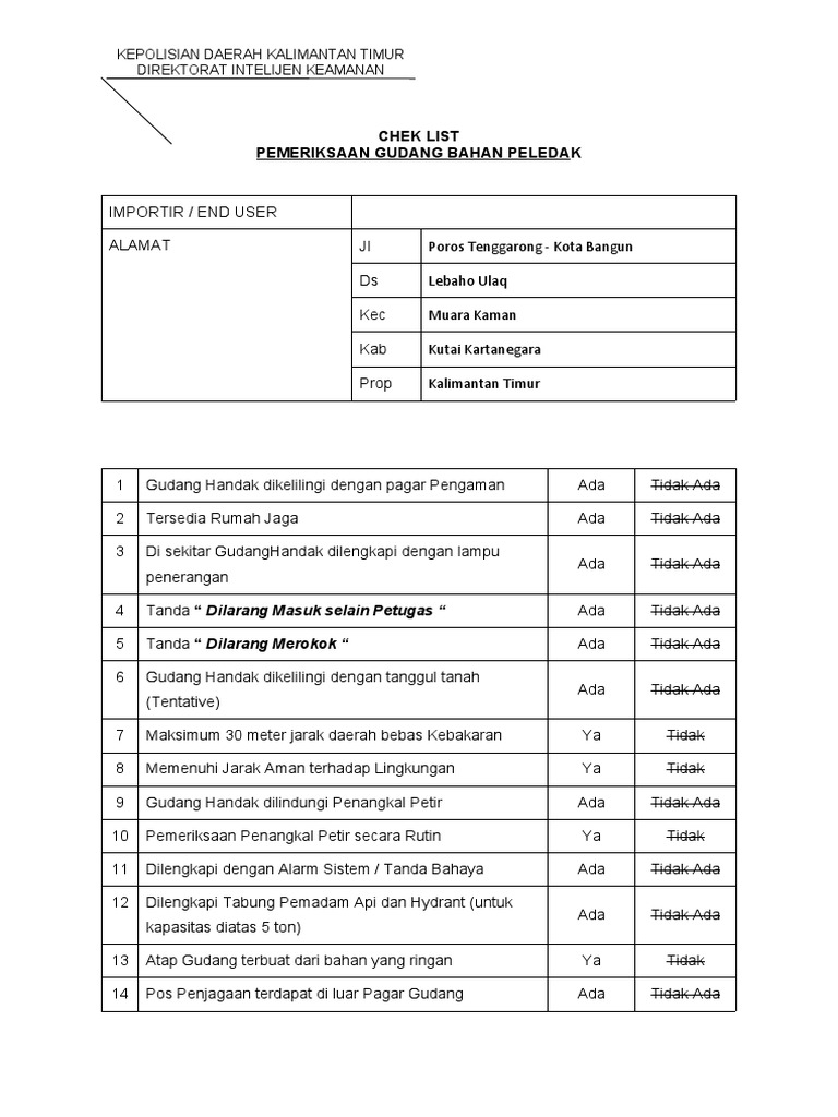 Chek List Cek Gudang Handak Done | PDF