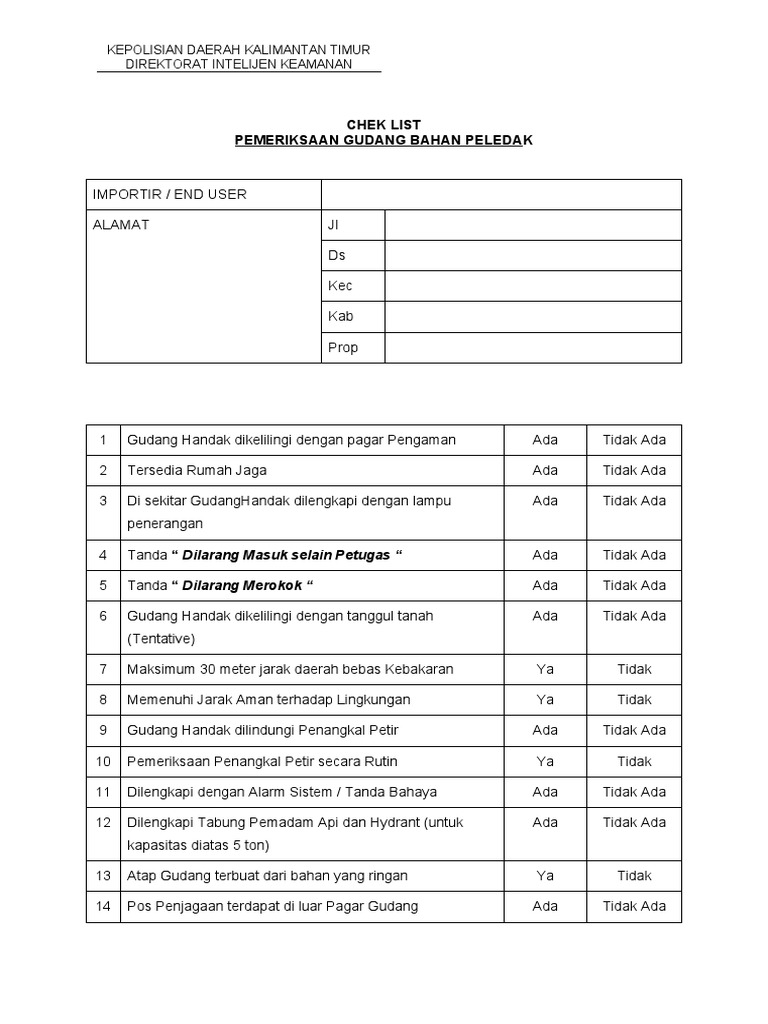 Chek List Cek Gudang Handak | PDF