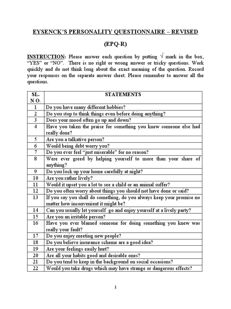 Eysenck'S Personality Questionnaire - Revised (EPQ-R) : INSTRUCTION ...