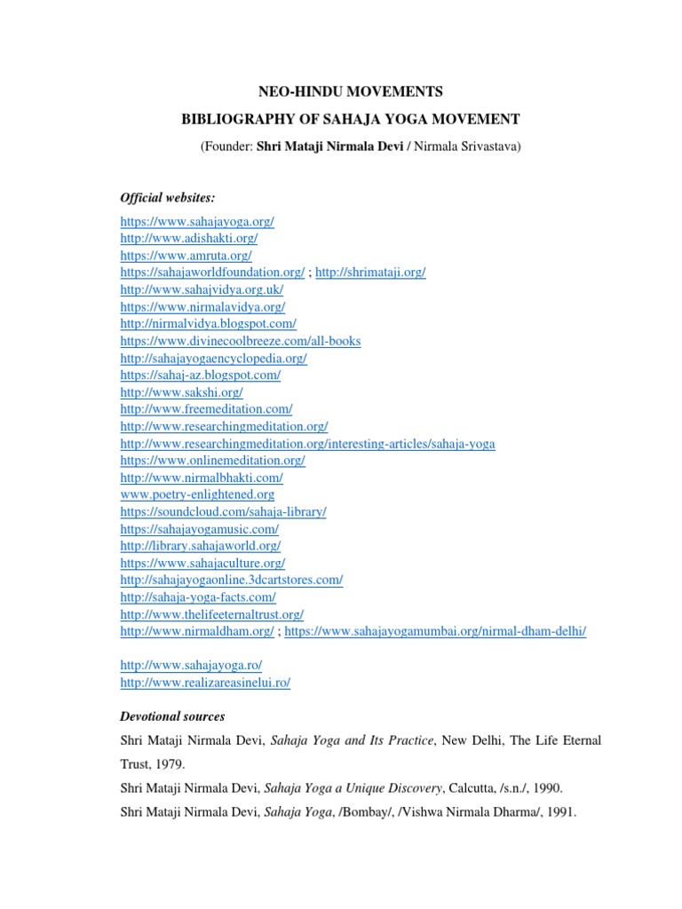 Neo-Hindu Movements Bibliography of Sahaja Yoga Movement: Official ...