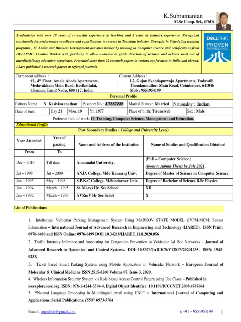 K.Subramanian: Educational Profile | PDF | International Standard Serial Number | Digital Object ...
