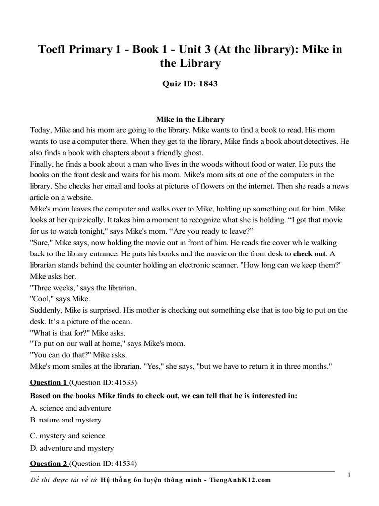 Quiz 1843 TOEFL Primary 1 Book 1 Unit 3 at The Library Mike in The ...
