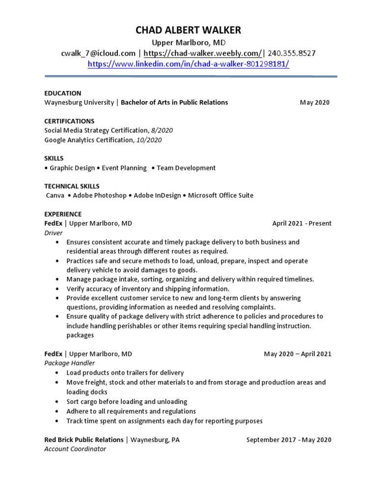 Chad Walker Resume 2021may 2021kcrev2 | PDF | Public Relations | Cargo