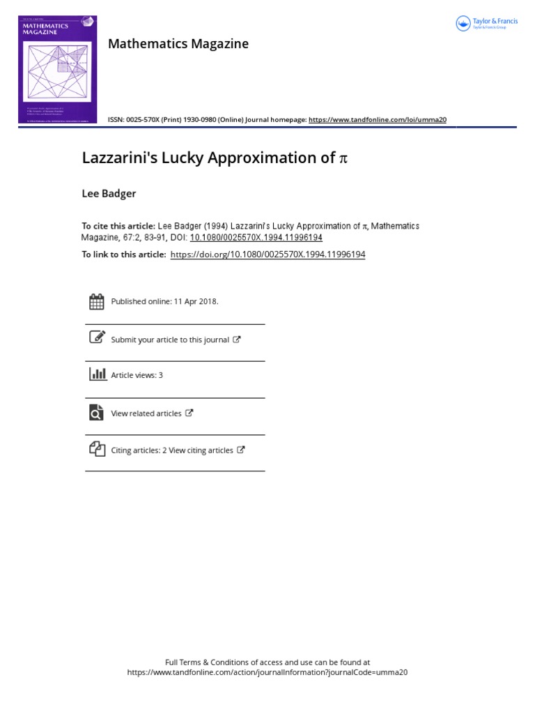 Lazzarini's Lucky Approximation Of: Mathematics Magazine | PDF ...