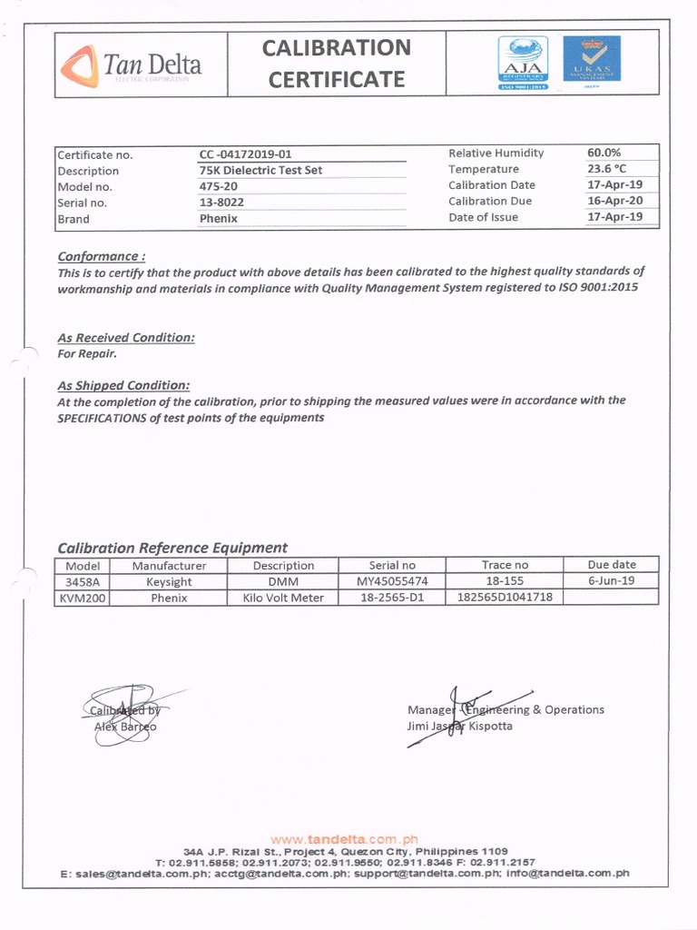 Phenix Hipot - PTS 475-20 Calibration Certificate-2 | PDF