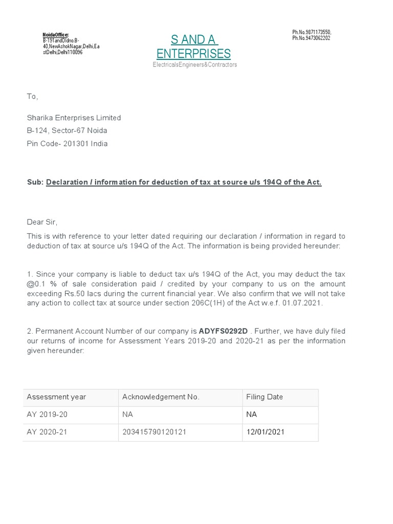 Declaration for TDS deduction under section 194Q | PDF