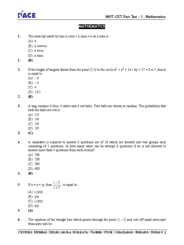 Mathematics (Question Paper) MHT-CET 1 | PDF | Perpendicular ...