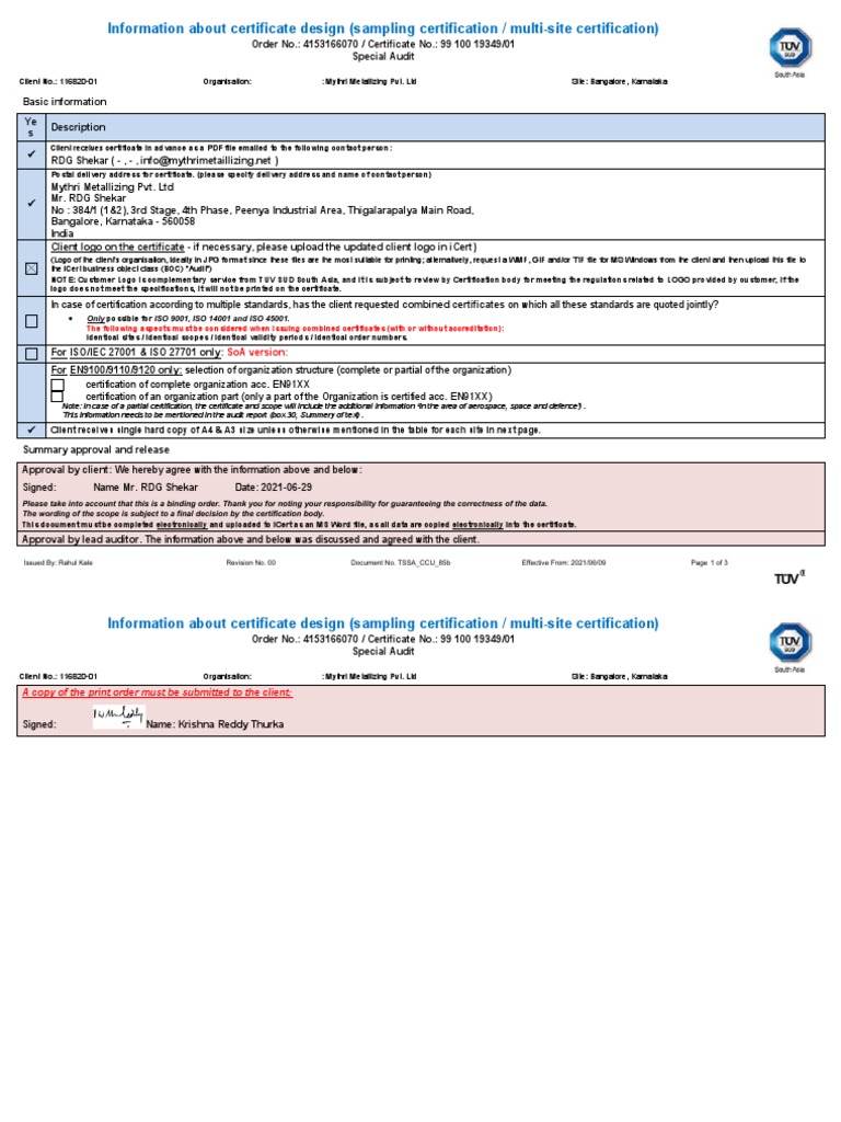 TSSA - CCU - 85b Multiple Site Print Order Certificate | PDF | Iso 9000 | Business