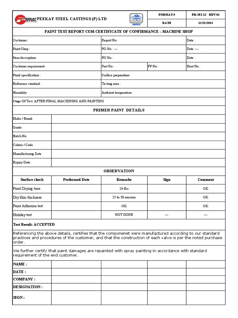 Peekay Steel Castings (P) LTD: Paint Test Report Cum Certificate of ...