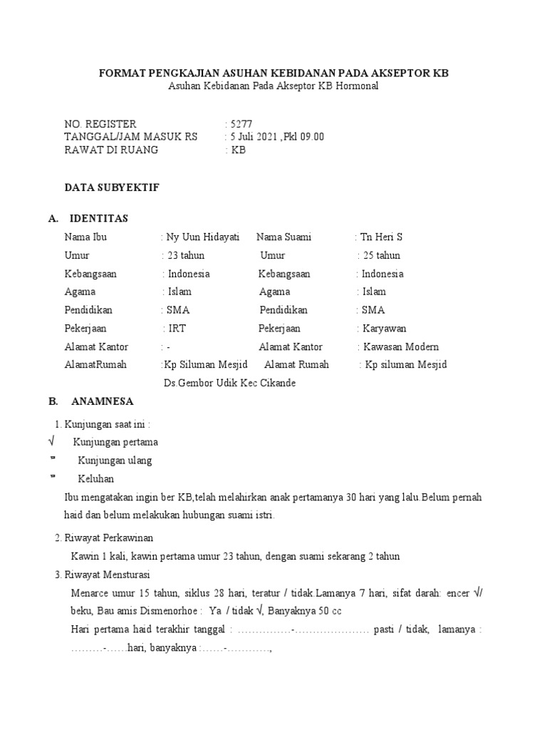 Format Pengkajian Asuhan Kebidanan Pada Akseptor KB | PDF