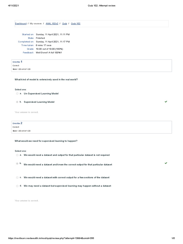 Quiz 102 - Attempt Review Supervision | PDF