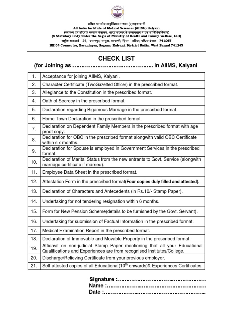 AIIMS Kalyani Joining Document Checklist | PDF | Oath Of Office | Wellness