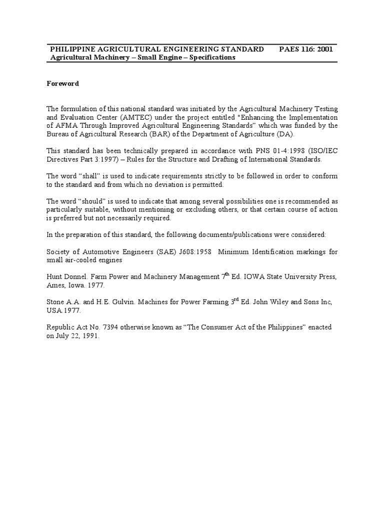 Philippine Agricultural Engineering Standard Paes 116: 2001 ...