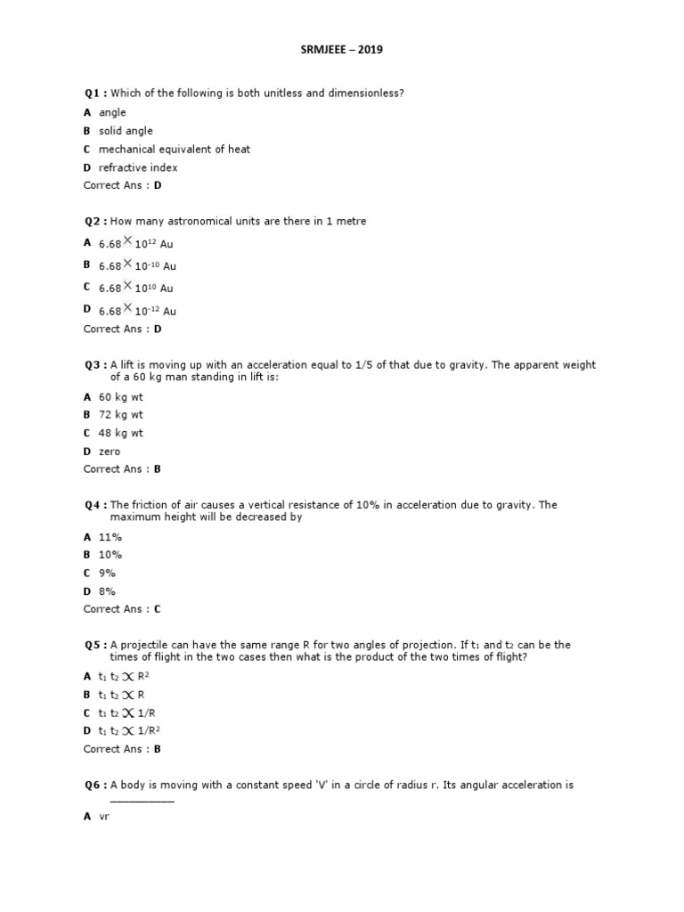 Srmjeee 2019 Question Paper | PDF | Heart Valve | Dna Replication