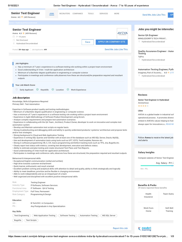 Senior Test Engineer - Hyderabad - Secunderabad - Aveva - 7 To 10 Years ...