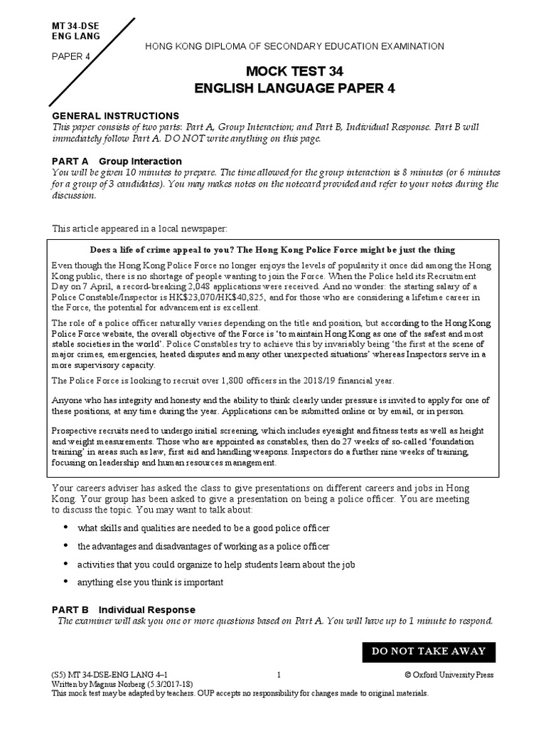 Mock Test 34 English Language Paper 4: General Instructions | PDF ...