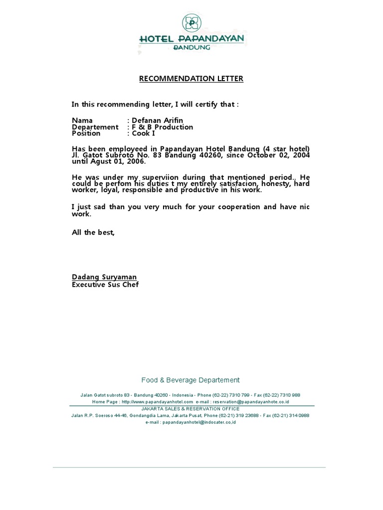Recommendation Letter: Food & Beverage Departement | PDF