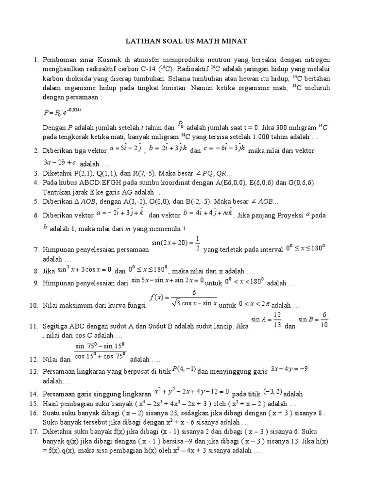 LATIHAN SOAL US MATH MINAT | PDF