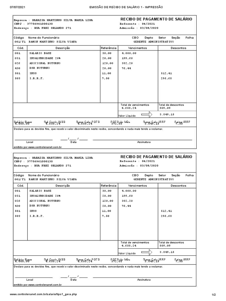 Emissão de Recibo de Salário 1 - Impressão | PDF | Trabalho | Business