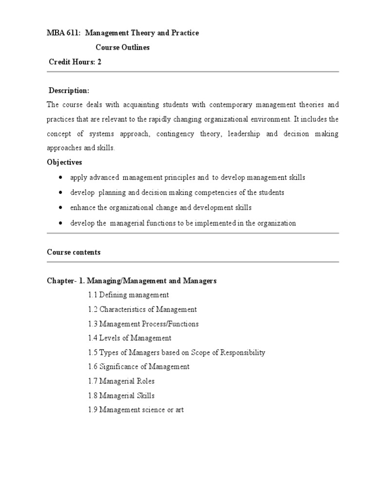 MBA 611: Management Theory Course | PDF | Leadership | Organizational ...