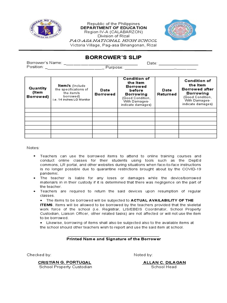Borrower'S Slip: Pag-Asa National High School | PDF | Business