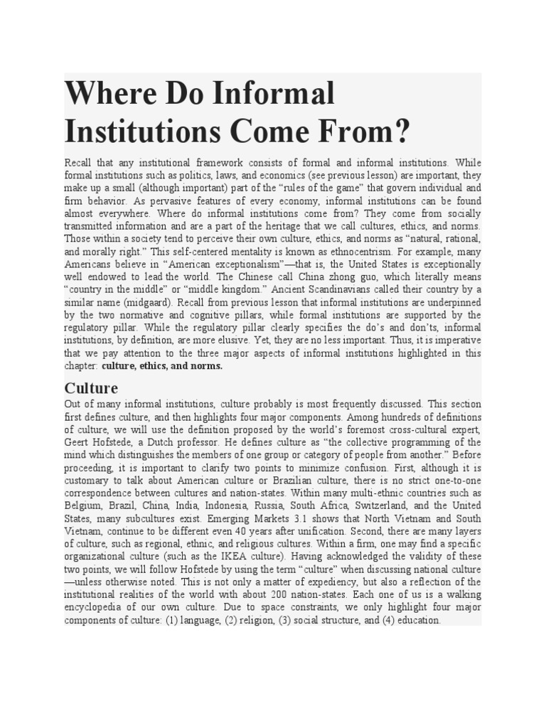 Emphasizing Informal Institutions - Cultures, Ethics, and Norms | PDF ...