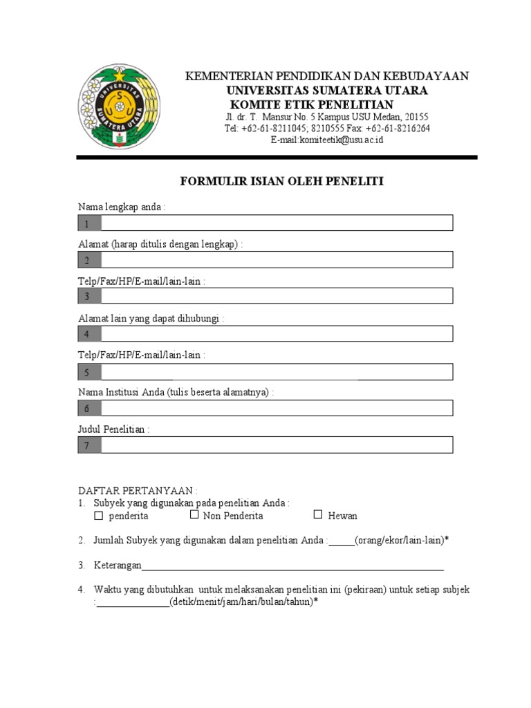Formulir Penelitian Etik USU | PDF