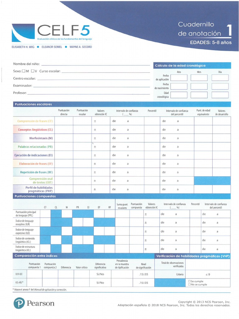 CELF-5 Cuadernillo de Anotación 1 (Edades de 5 A 8 Años) | PDF