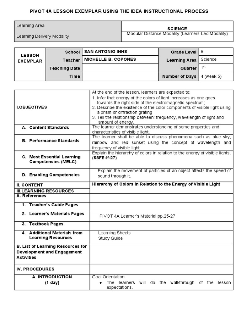 Pivot 4A Lesson Exemplar Using The Idea Instructional Process | PDF | Light | Wavelength