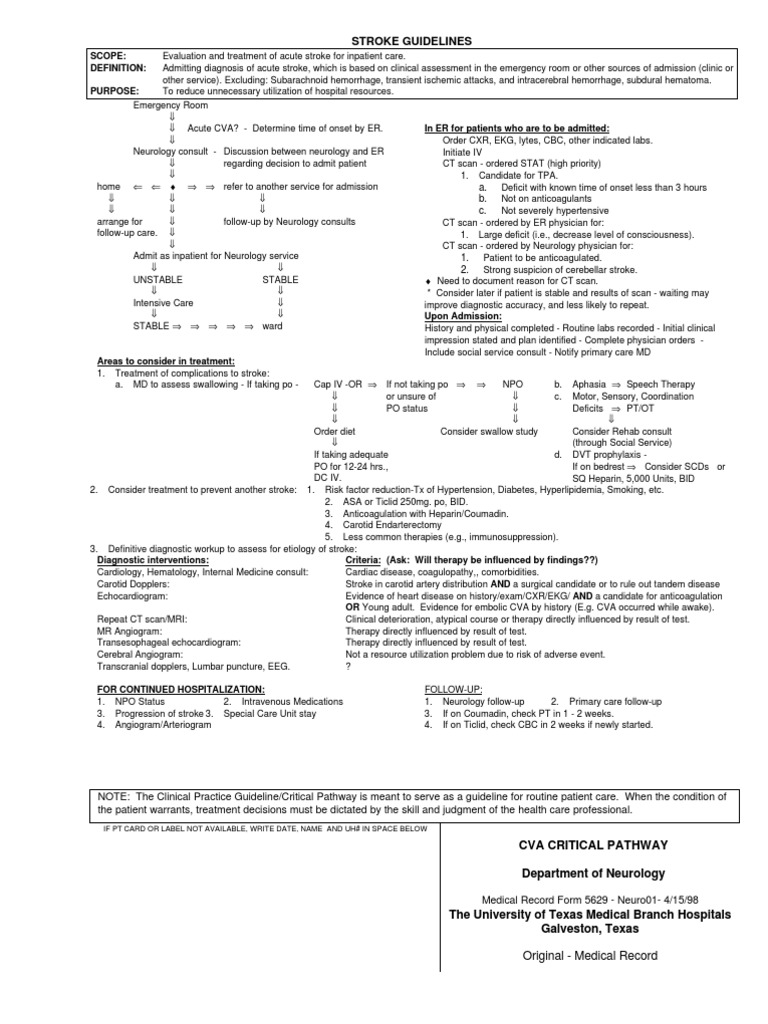 Stroke Guidelines: Cva Critical Pathway Department of Neurology | PDF ...