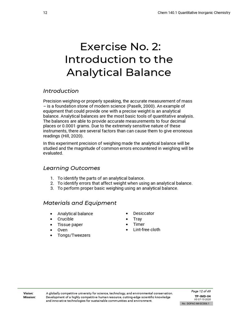 Experiment 2 Chem 140 | PDF | Weighing Scale | Weight