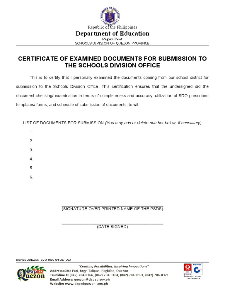 Department of Education: Certificate of Examined Documents For ...