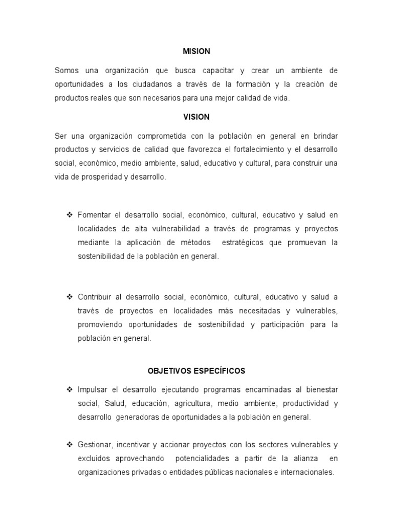 Mision, Vision, Objetivos y Fines | PDF