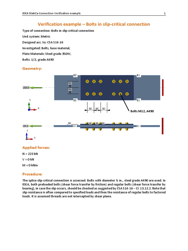 Verification Example - Bolts in Slip-Critical Connection: Geometry | PDF