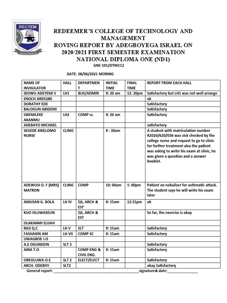 Redeemer'S College of Technology and Management Roving Report by ...