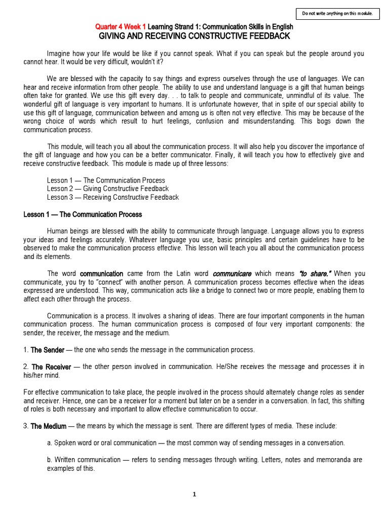 Giving and Receiving Constructive Feedback: Quarter 4 Week 1 | PDF ...