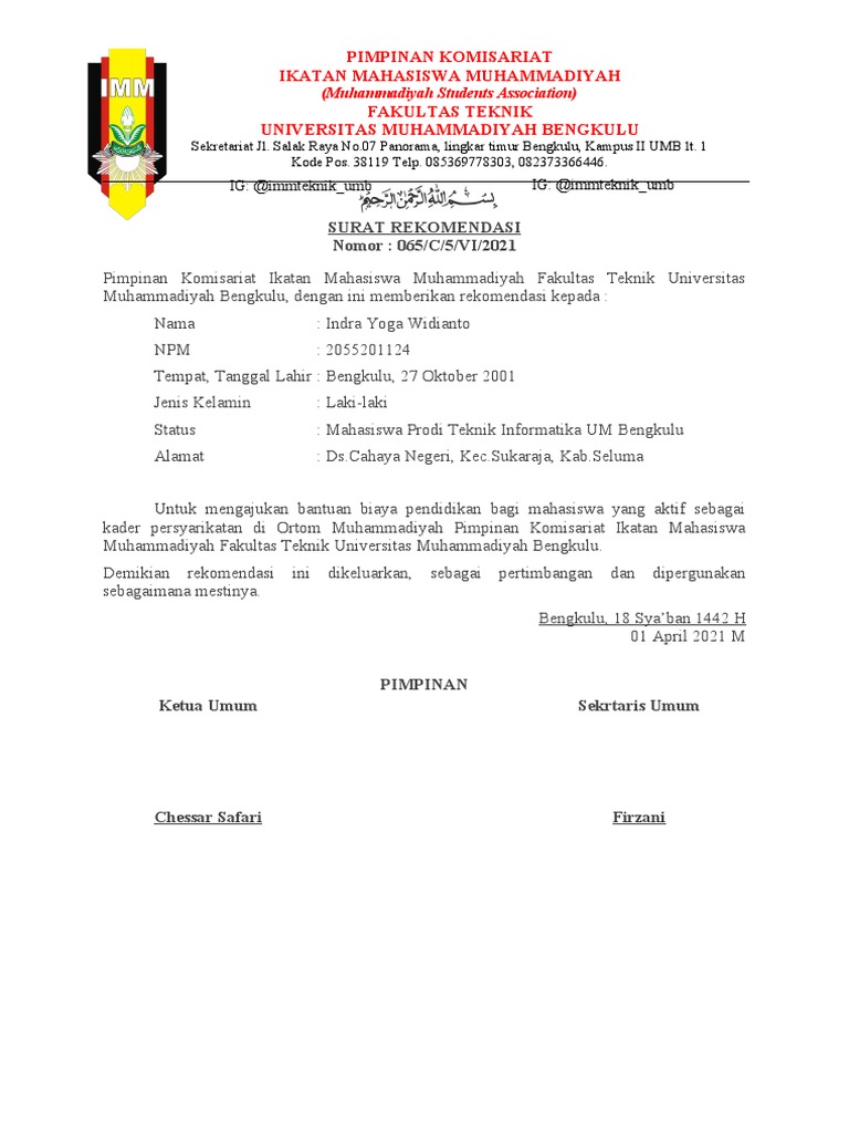 Surat Rekomendasi Lazismu | PDF