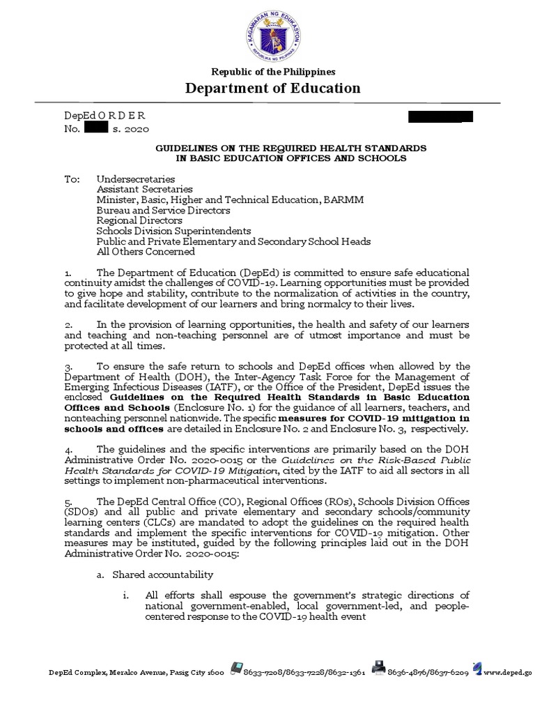 Deped Guidelines Health Standard For Schools | PDF | Personal ...