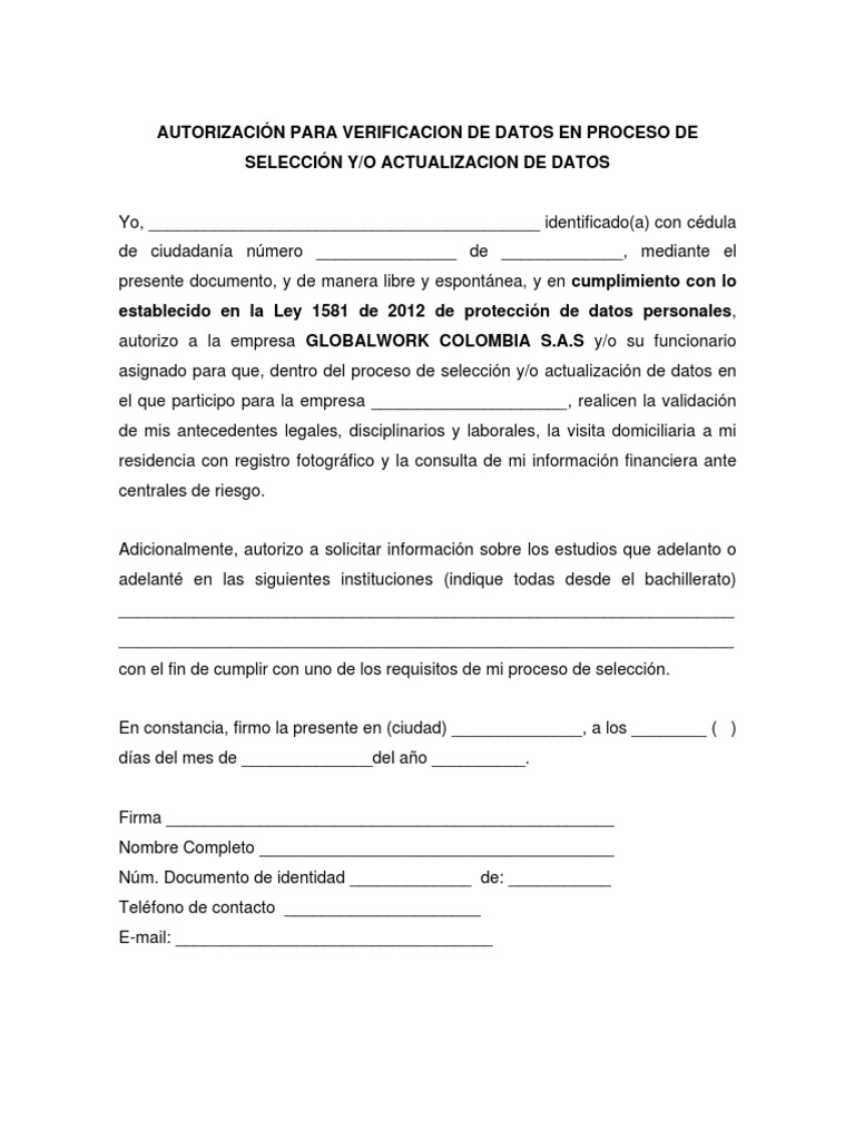Habeas Data Formato Autorizacion Tratamiento de Datos 2020 - Con Visita ...