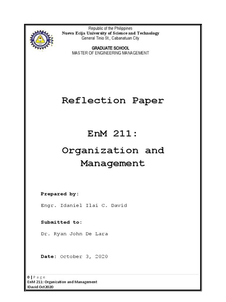 Reflection Paper Enm 211: Organization and Management: Nueva Ecija ...