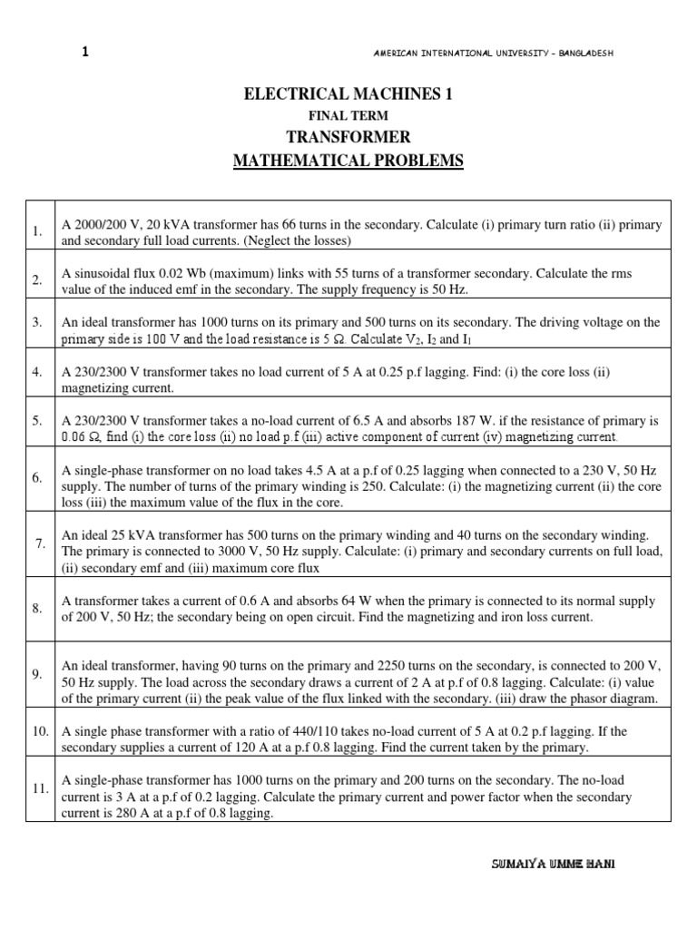 Transformer Mathematical Problems | PDF | Transformer | Electric Power