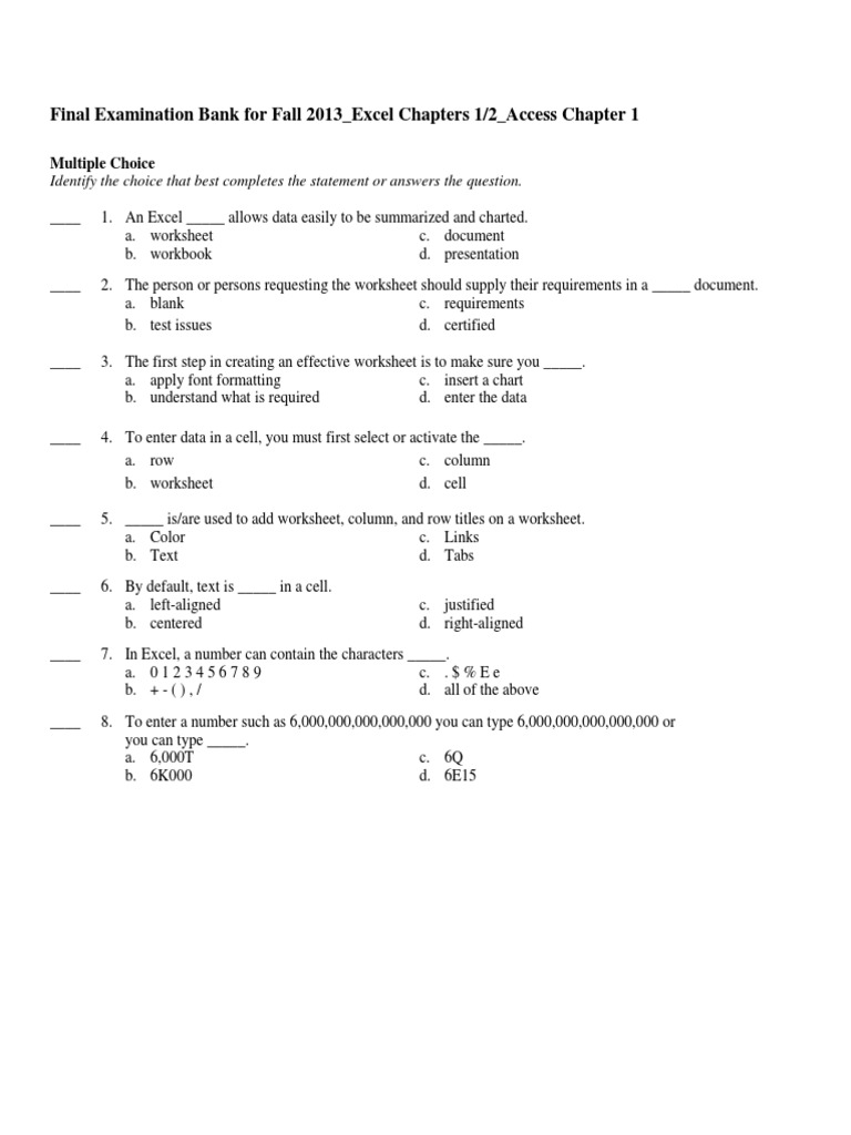 Final Exam Bank For Fall 2013 Excel Chapters 1-2access Ch1 | PDF ...