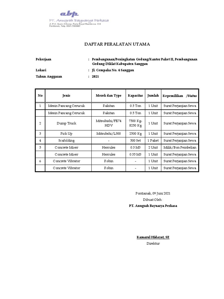Daftar Peralatan Utama | PDF