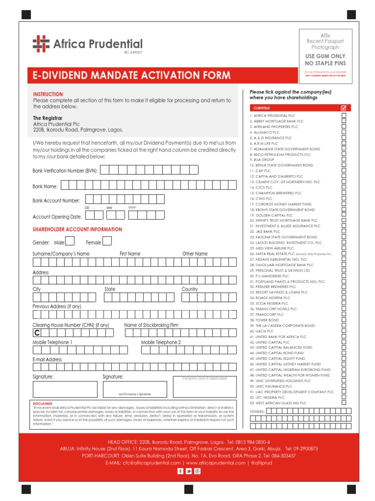Africa Prudential: E-Dividend Mandate Activation Form | PDF | Banks | Financial Services