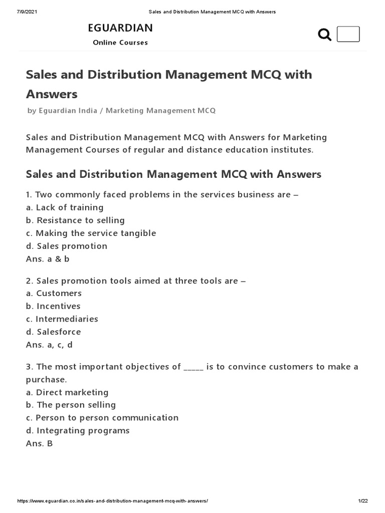 Sales And Distribution Management MCQ With Answers Eguardian PDF