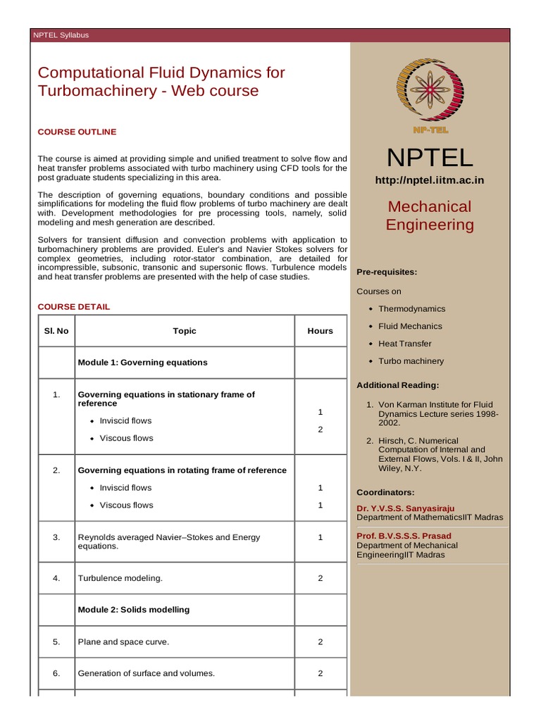Nptel: Computational Fluid Dynamics For Turbomachinery - Web Course ...